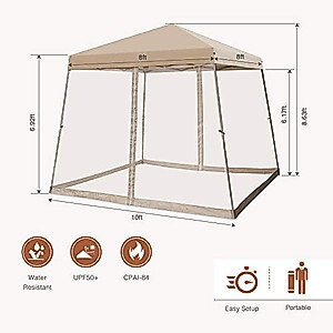 COOS BAY 10x10 Slant Leg Pop Up Canopy Tent w/Mosquito Netting (64 Square Feet of Shade) One Person Set-up Outdoor Instant Folding Shelter (Beige)
