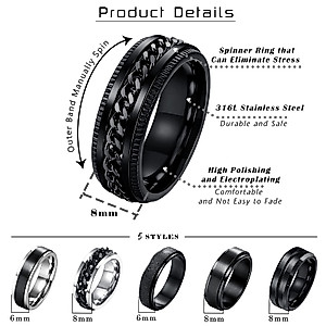 SAILIMUE 6 Pcs 6/8 MM Black Spinner Rings for Men Women Stainless Steel Fidget Ring Anxiety Stress Relieving Cool Chain Fashion Ring Set Wedding Promise Band Rings Size 08