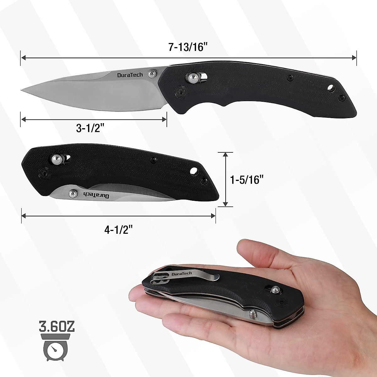 DURATECH Folding Pocket Knife, EDC Pocket Knife with Stainless Steel Blade, G10 Handle Folding Knives, Drop Point Blade, Carry Pocketclip
