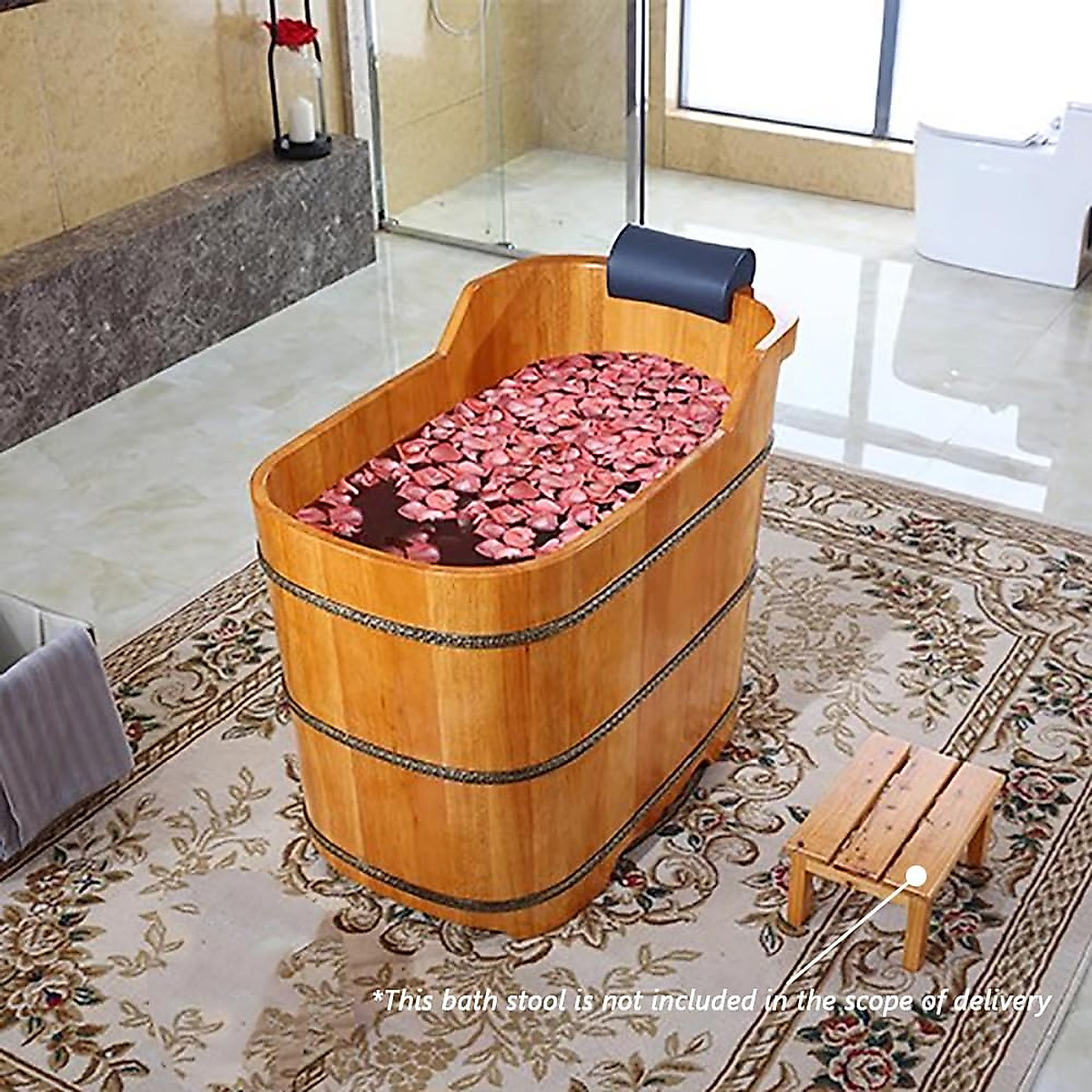 MegLob Free-Standing Wooden Bathtub Kit, Solid Wood Alone Stand Bathtub with Pop-Up Drain, Traditional Japanese SPA Deep Soaking Bath, with Insulated Wooden Lid & Tub Chair,Oak 110cm/43.31"