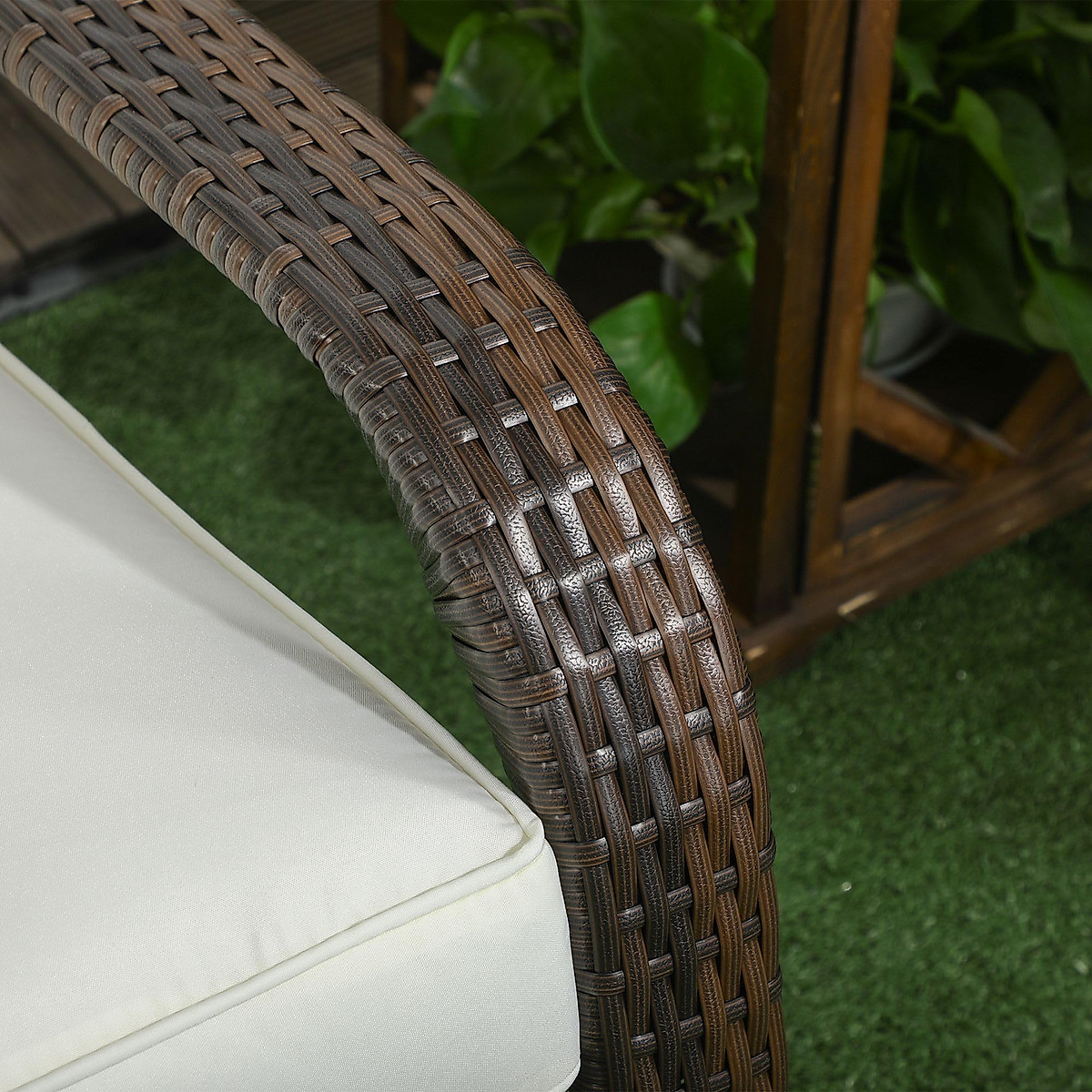 Outsunny Patio Wicker Adirondack Chair, Outdoor All-Weather Rattan Fire Pit Chair w/Soft Cushions, Tall Curved Backrest and Comfortable Armrests for Deck or Garden, Cream White