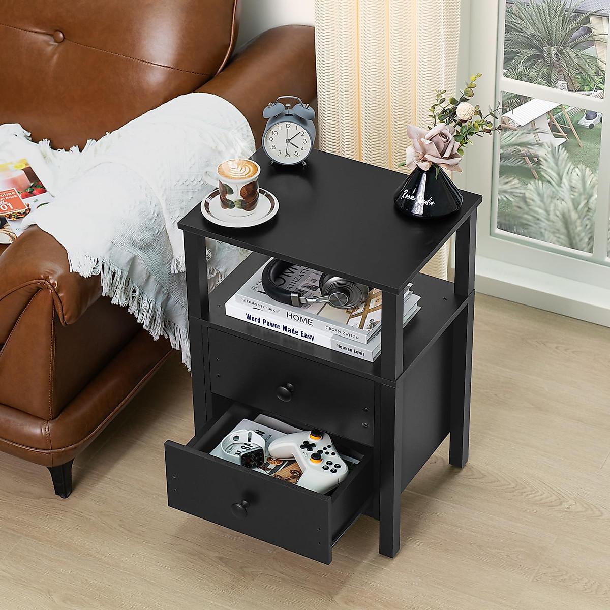 Lerliuo Black Night Stand, Small Nightstand with 2 Wood Drawers and Storage Shelf, Mid Century Modern Bedside Table with Wooden Frame, Rustic Bed Side Tables for Small Spaces, Nightstands for Bedroom