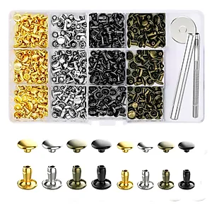 Alritz 240 Sets Leather Rivets, Double Cap Rivet Tubular 4 Colors 2 Sizes Metal Studs with Fixing Tools for DIY Leather Craft/Clothes/Shoes/Bags/Belts Repair Decoration