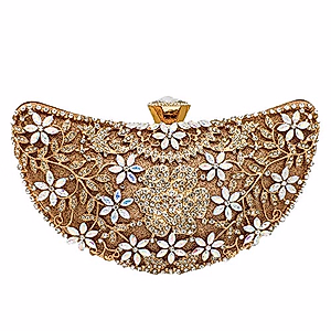 Boutique De FGG Half Moon Women Flower Evening Bags Bridal Crystal Clutch Purse Party Dinner Rhinestone Handbags (Gold)