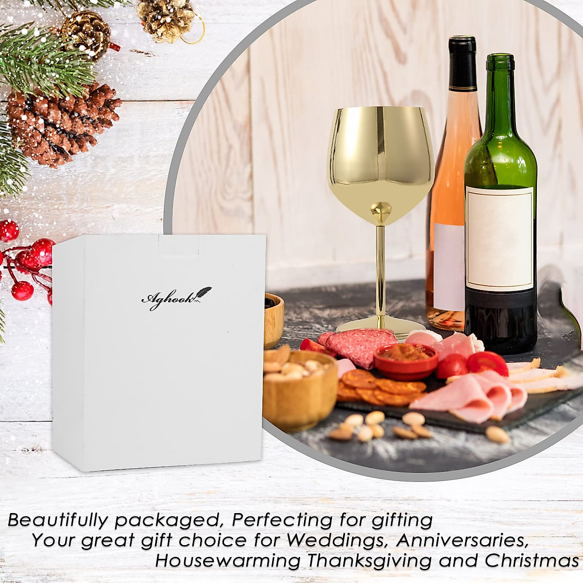 AgHook Wine Glasses 18/8 Stainless Steel, Set of 2 16 Oz Stemmed Wine Goblets, BPA Free Copper Coated Shatterproof, Elegant Tone Drinkware for Champagne and Cocktails