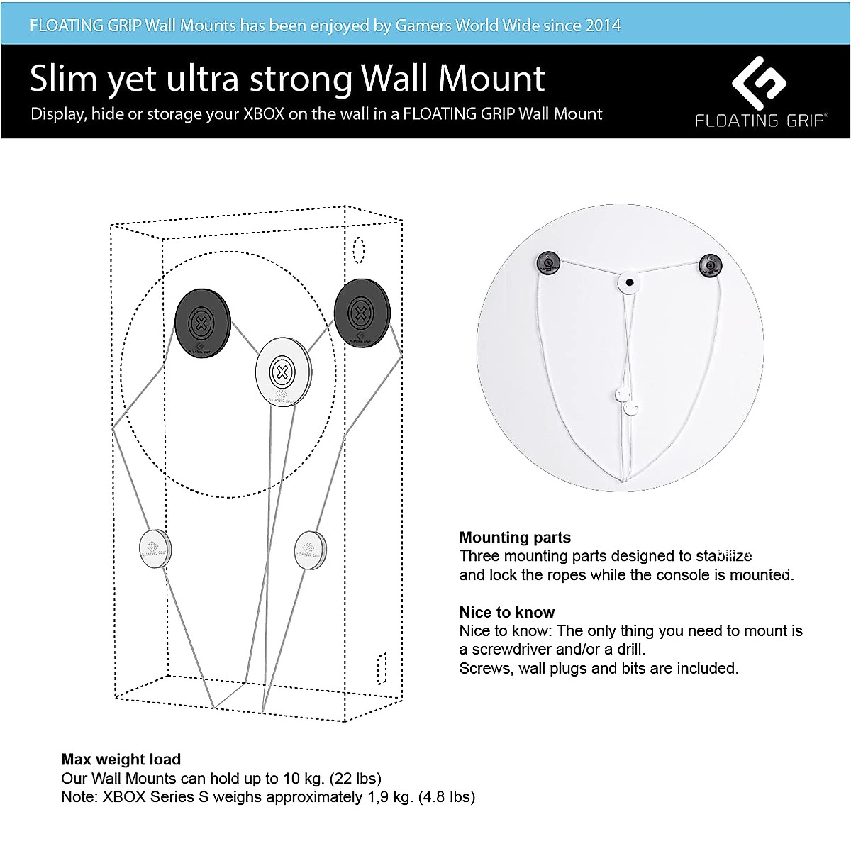 Xbox Series S & Controllers Wall Mount by FLOATING GRIP - Mounting Bundle for Hanging Consoles 2 Controllers - Strong & Slim Ropes - Effective Ventilation, Cable Management, Easy-to-Install System