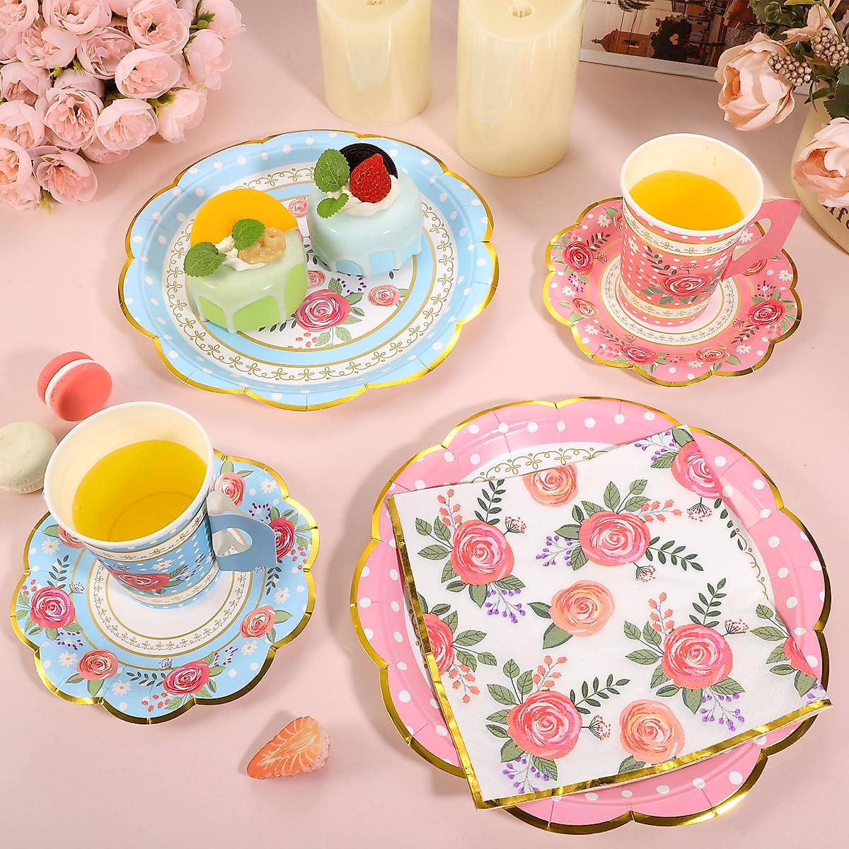 200 Pcs Disposable Tea Party Cups and Saucers Set, 50 Guests Floral Tea Party Supplies Include 9 oz Paper Tea Cups with Handle, 9 Inch Paper Plates, Saucers Napkins for Tea Party Birthday Wedding