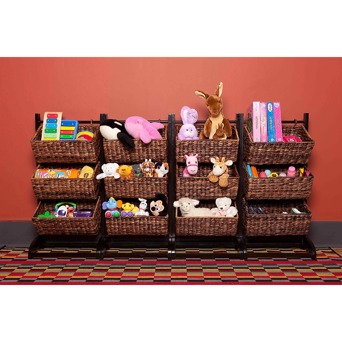BIRDROCK HOME 3-Tier Abaca Storage Organizer Shelf with Solid Wood Frame - Durable Handwoven Abaca Fiber Baskets - Ideal for Organizing Living Rooms, Bedrooms, or Kitchens - Brown Wash, Espresso