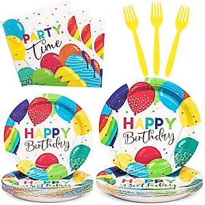 DECORLIFE Birthday Plates and Napkins Party Supplies Serves 24, Birthday Party Supplies for Kids Adults Girls Boys, Rainbow Confetti Balloons Party, Total 96PCS