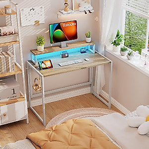 SOROGRA Small Folding Desk 31.5 Inch, Foldable Computer Desks with LED Lights and Monitor Stand, Work Portable Table for Home Office Bedroom, Oak