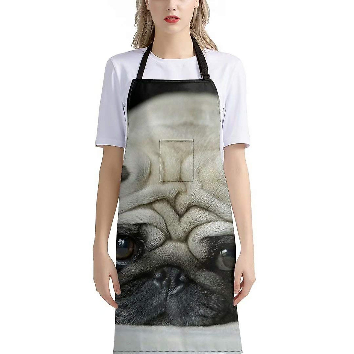 Dellukee Kitchen Adjustable Bib Apron With Pocket Pug Printed Women Men Cute Durable Waterproof Aprons For Home Restaurant BBQ, 36" x 28.6"