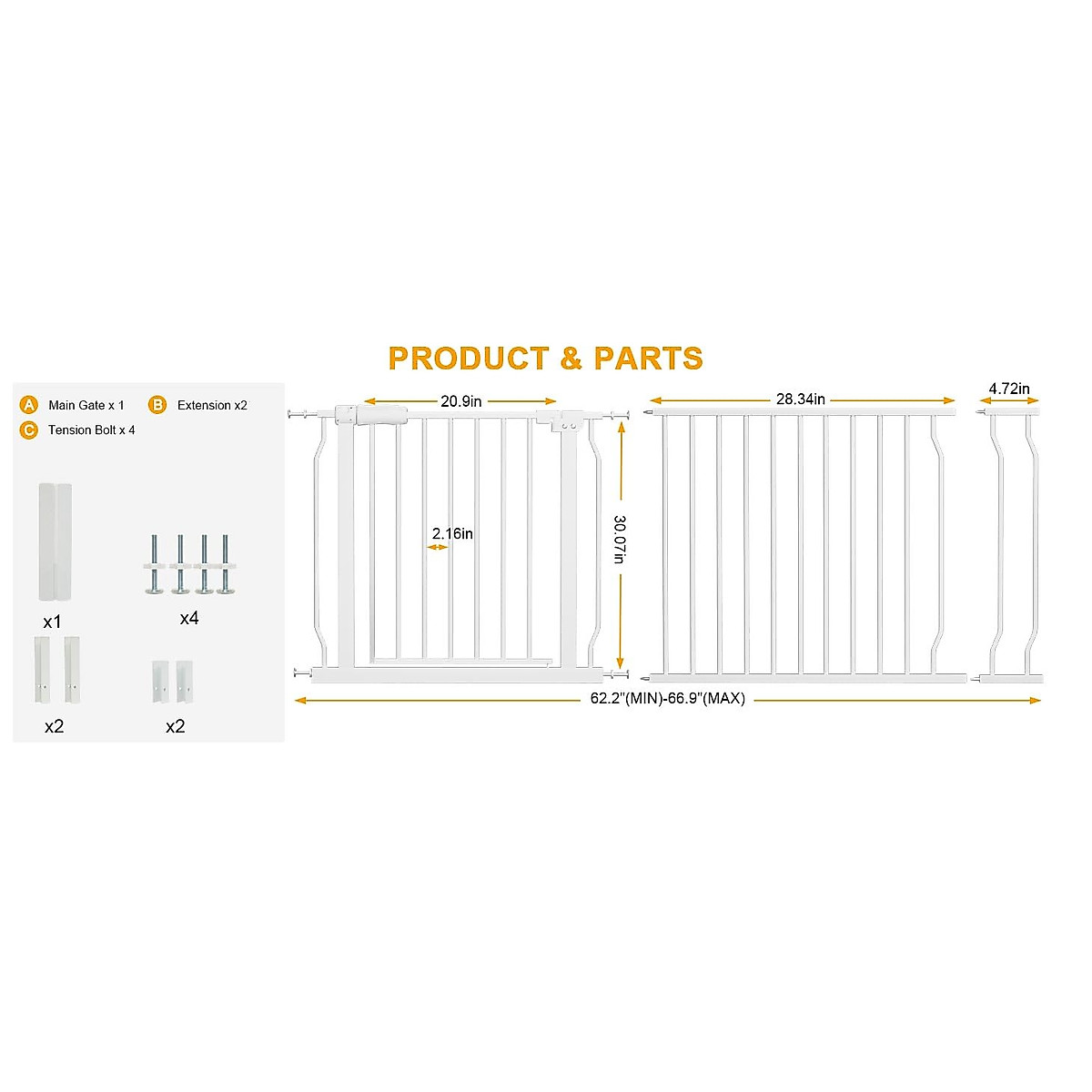 BELABB Extra Wide Baby Gate Tension Indoor Safety Gates White Metal Large Pet Gate Pressure Mounted Walk Through Long Dog Gate for The House Doorways Stairs (62.2 Inch-66.9 Inch/158cm-170cm, White)