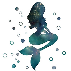 Starry Sky Mermaid Wall Decals Big Mermaid Wall Stickers Peel and Stick DIY Removable Mermaid Green Bubbles Vinyl Wall Art Decor for Kids Baby Bedroom Nursery Bathroom Door Stickers DT-1912