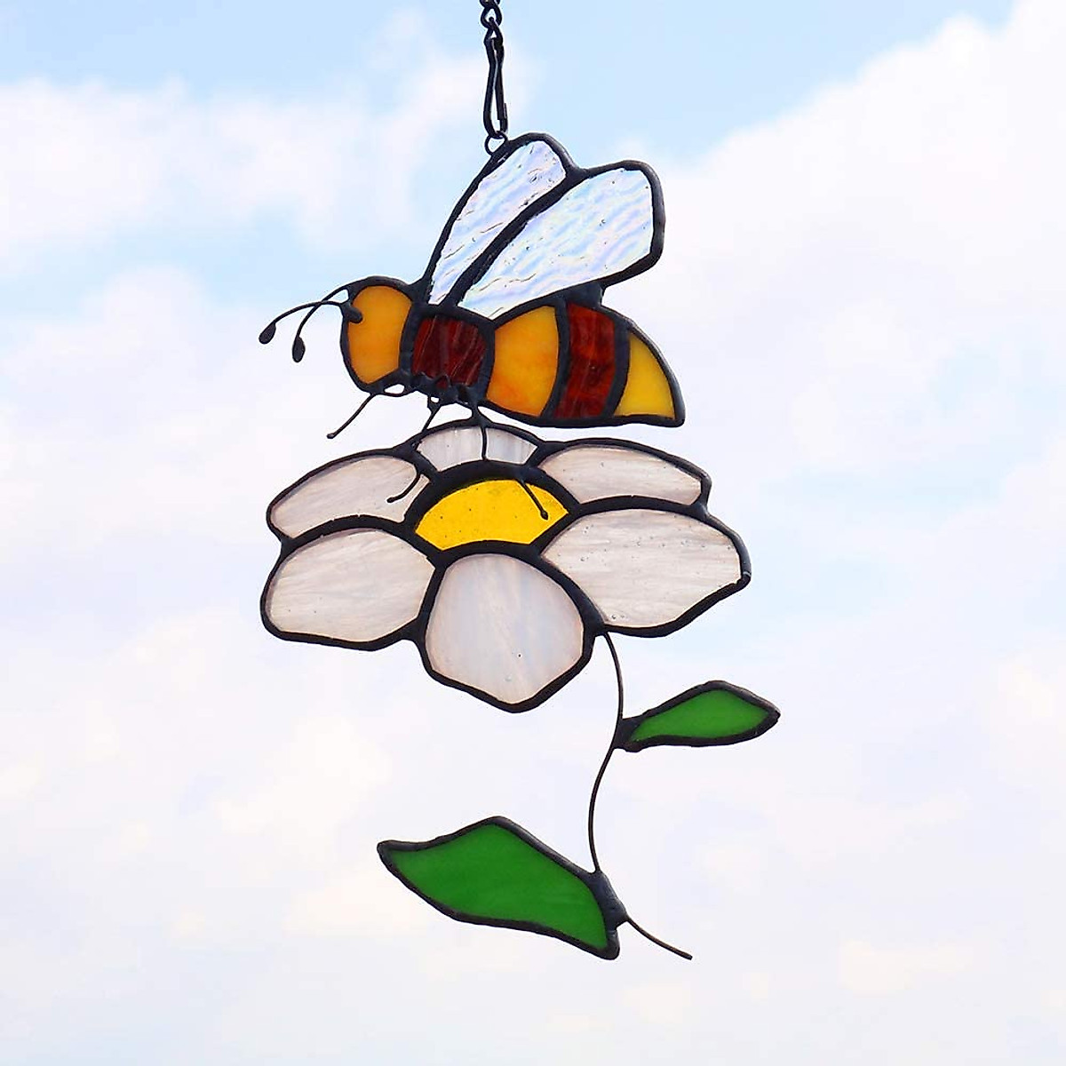 HAOSUM Bee Suncatcher Flower Stained Glass Window Hangings, Bee Decor Party Birthday Bee Gifts for Women,Bee Lovers, Housewarming Gifts.