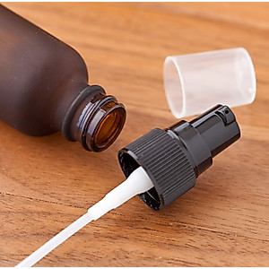 JUVITUS 1 oz / 30 ml Frosted Amber Glass Boston Round Bottle with Black Treatment Pump (12 pack) + Funnel