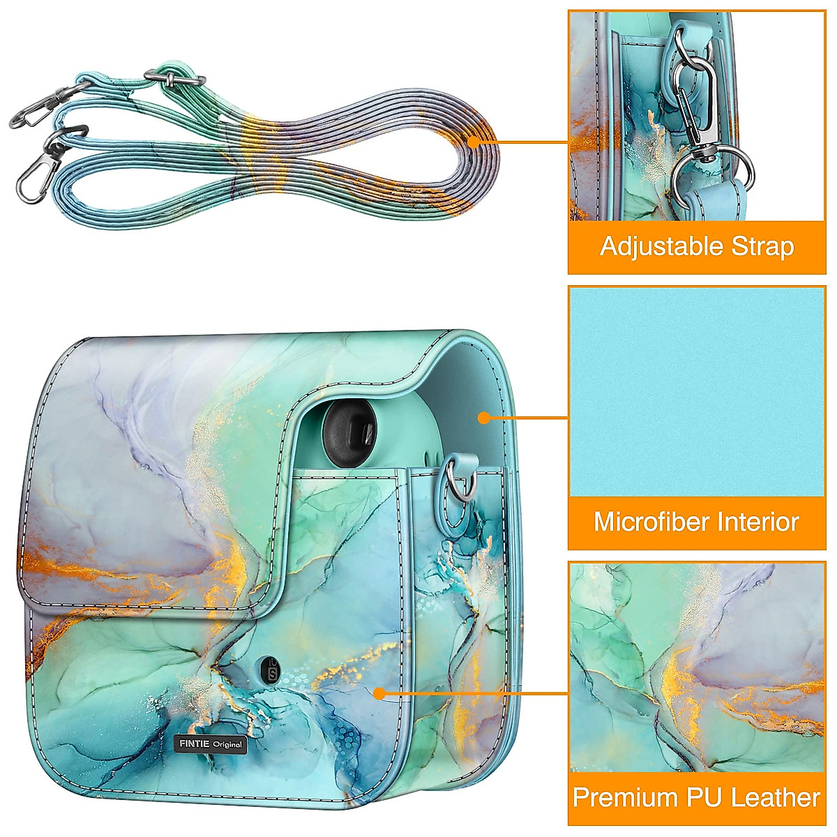 Fintie Protective Case for Fujifilm Instax Mini 7+ Instant Camera - Premium Vegan Leather Bag Cover with Removable Adjustable Strap, Emerald Marble