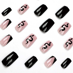 Foccna Black Square Press on Nails Snake Women's French False/Fake Nails Tips Medium Glossy Daily Wear Artificail Nails for Nail Art Manicure Decoration