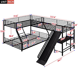 GINGVAT Twin Over Full BunkBed with LoftBed,L-Shaped Triple Bunk Bed with Slide,Built-in Desk for Kids,No Spring Box Required,Black