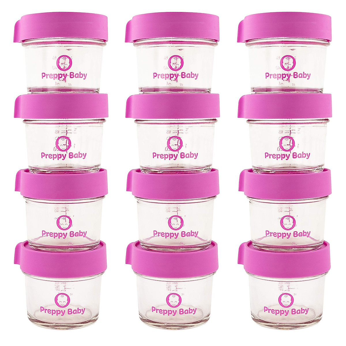 PreppyBaby 4 oz Glass Baby Food Storage Containers with Lids - Pack of 12 Reusable Dishwasher & Microwave Safe Food Jars w/ 2 Bamboo Infant Spoons, Recipe Booklet & Non-Toxic Easy Erase Marker (Pink)
