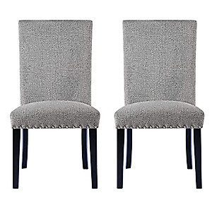 Cui Liu Owen Upholstered Dining Chair – Armless Dining Chair in Grey Linen with Black Wooden Leg and Shiny Silver Nailhead (Set of 2)