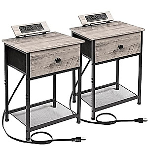 AMHANCIBLE Night Stand Set 2, Small Nightstand with Charging Station, End Side Tables Living Room with USB Ports & Outlets, Slim Bedside Table with Drawers for Bedroom HET03SDPGY(Greige)