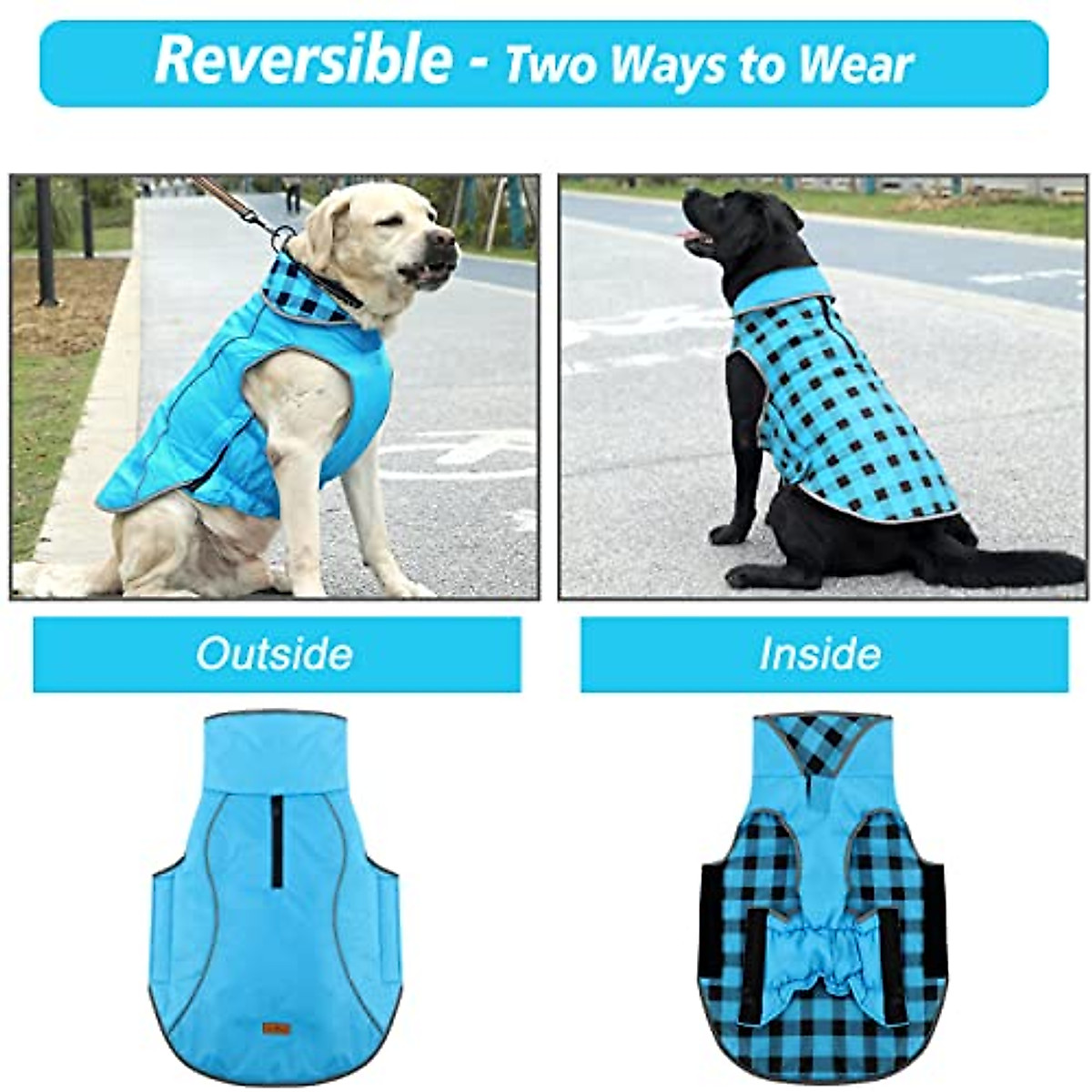 ALAGIRLS Classic Plaid Reversible Dog Winter Coat, Reflective Windproof Dog Vest Clothes, Warm Cotton Lined Pet Snow Jacket Pet Apparel for Cold Weather, Blue L