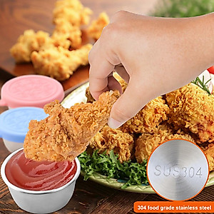 HENGKE 4 Pcs Stainless Steel Dressing Container with Silicone 1.35oz Lids Salad Dressing Container Reusable Condiment Containers with Leakproof Rainbow Color Lids Easy Open Small Sauce Cups