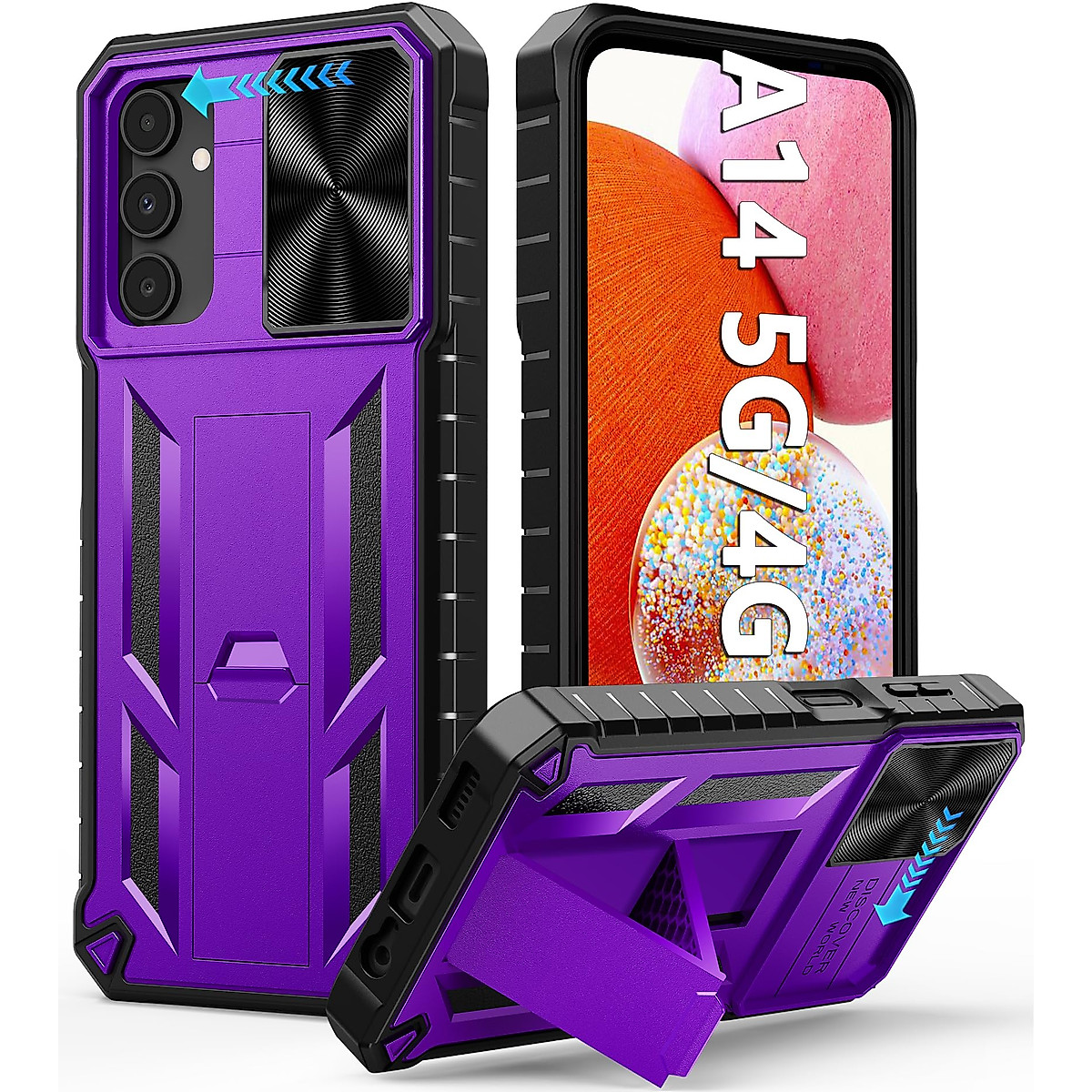 FNTCASE Case for Samsung Galaxy A14-5G: Military Grade Drop Proof Protection Rugged Protective A14 Cell Phone Cover with Built-in Kickstand & Slide - Shockproof TPU Matte Textured Tough Cases - Purple