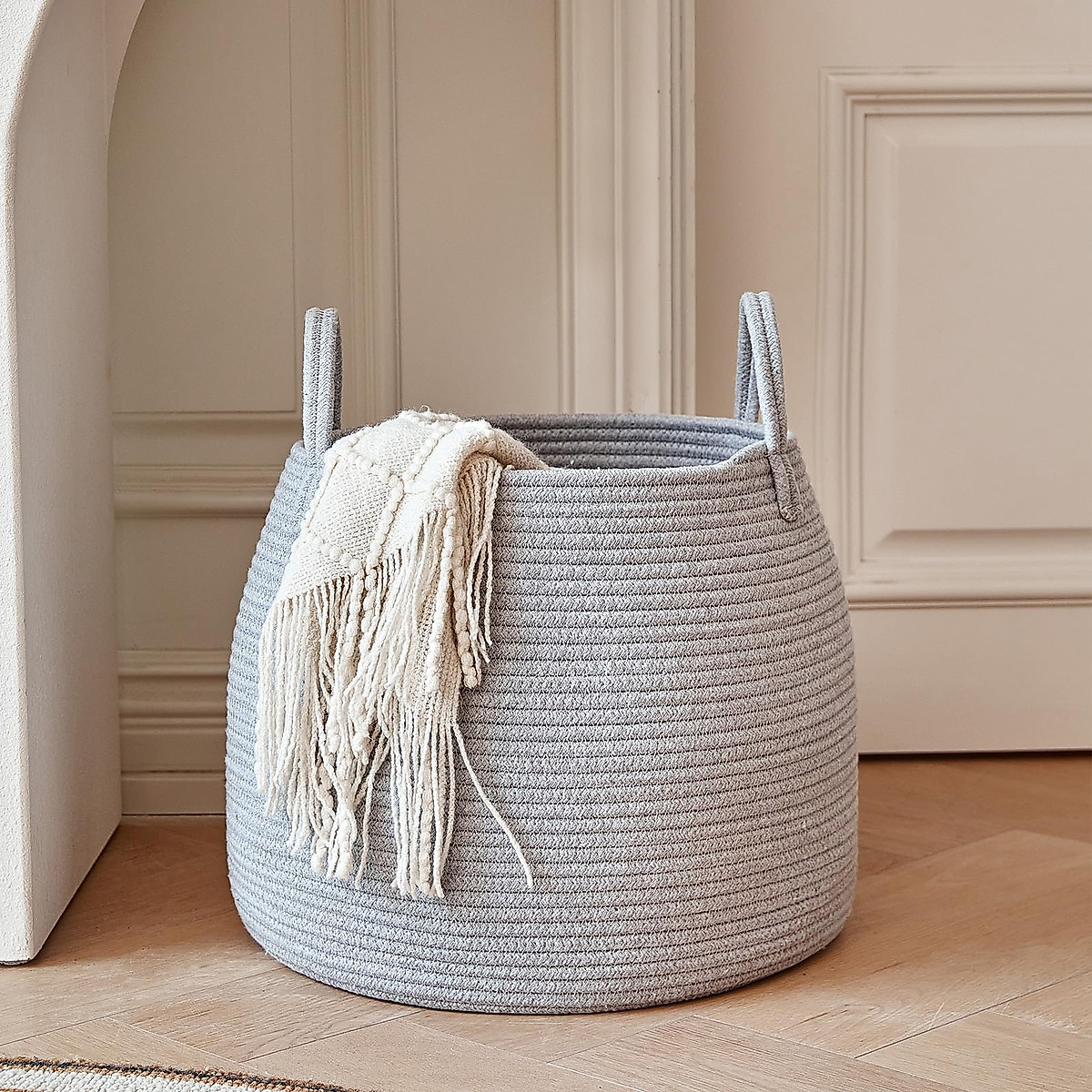 R RUNKA Nursery Laundry Basket | Kids Hamper for Blankets, Pillows,Toys (15"x 13")| Baby Toy Basket | Nursery Storage for Boho Room Decor | Ideal Gift for Baby Showers| Grey