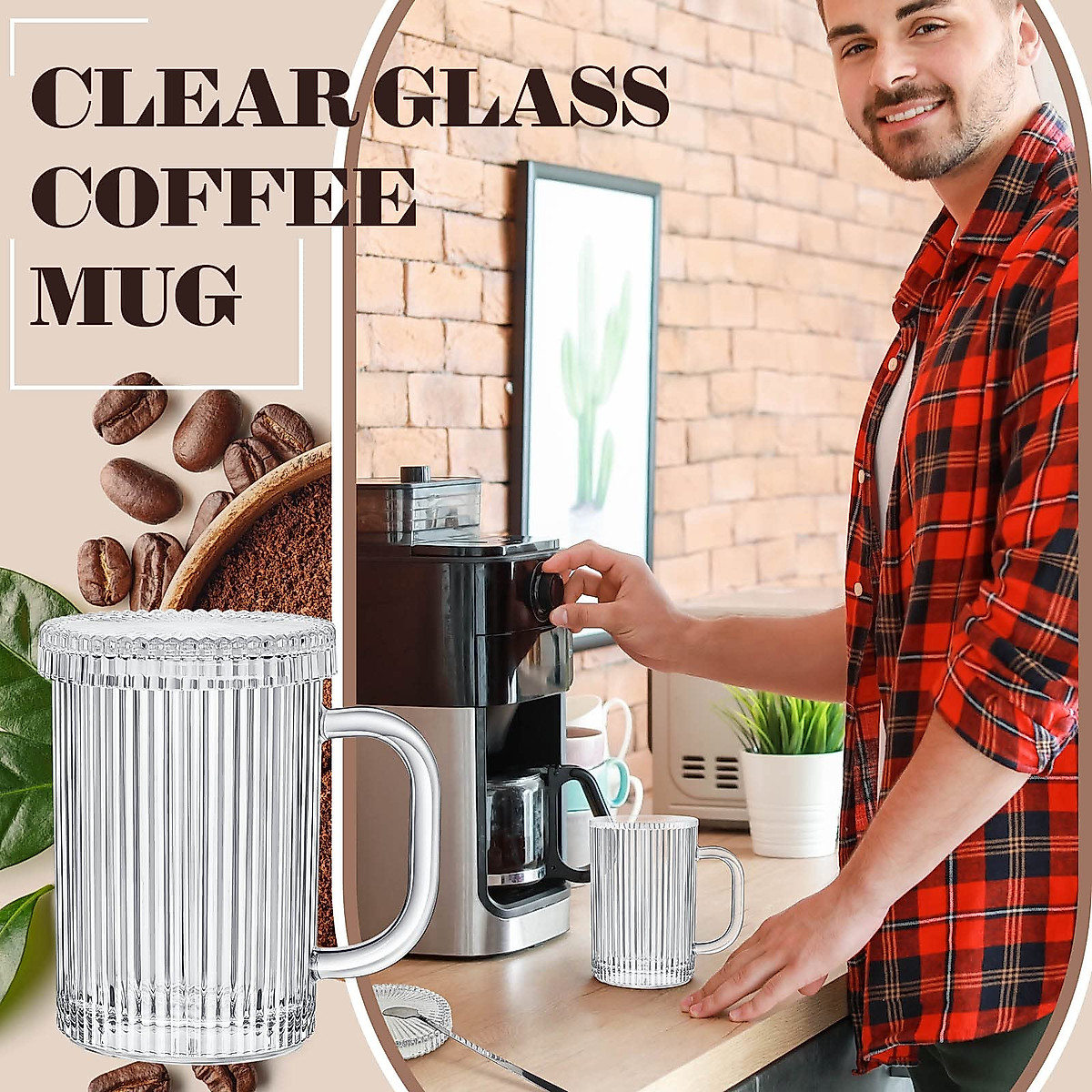 Suclain 4 Pieces Glass Coffee Mugs Clear Vertical Stripes Tea Mug with Lid and Spoon Ribbed Glasses for Espresso Milk Chocolate Latte Juice Anniversary and Birthday, 11.8 oz