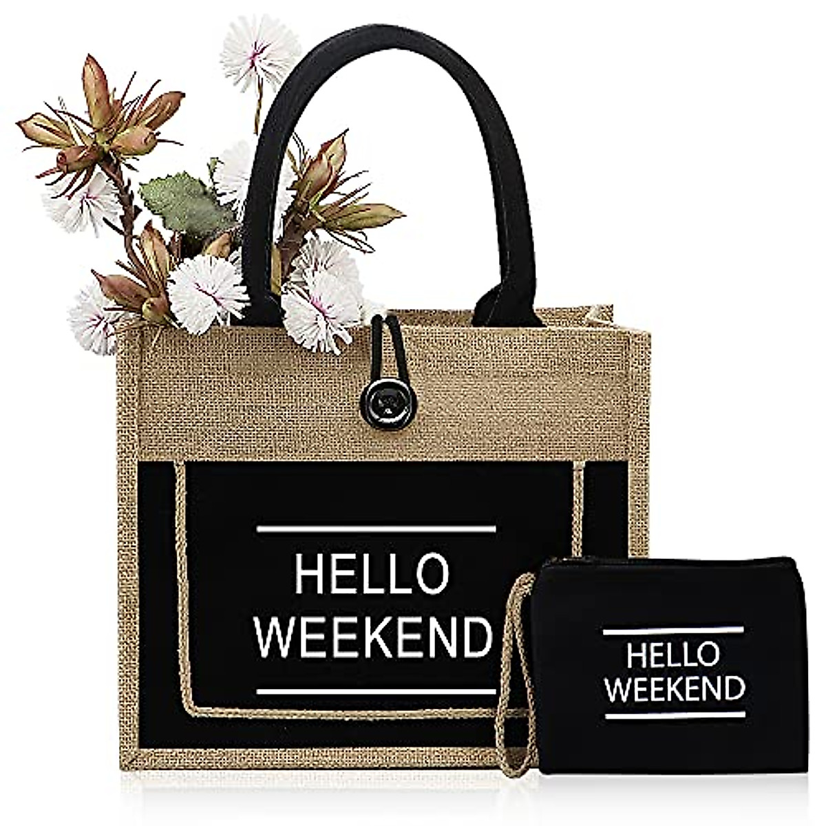 MGahyi Jute Tote Bags, Burlap Beach Bags with Handles,Reusable Tote Grocery Shopping Bag, Big Capacity Waterproof Lining,Retro Flax Shoulder Bag with Canvas Pocket Bag(Black,L)