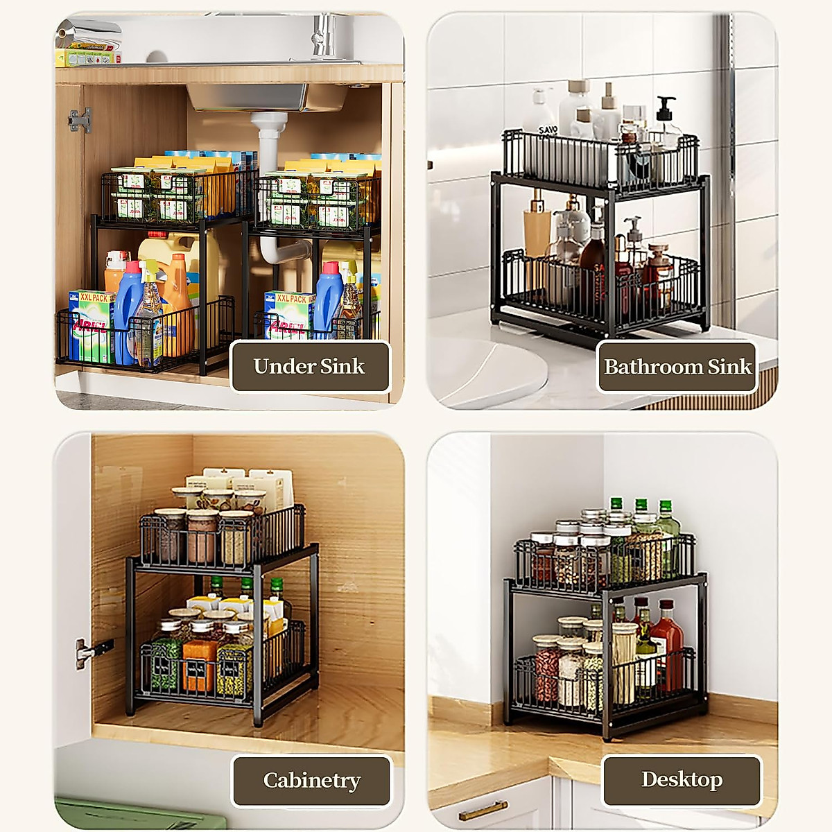 SILUB Under Sink Organizer, 2-Tier Pull Out Cabinet Organizer, Kitchen Bathroom Organizer and Storage, Spice Rack for Kitchen, Multi-use Sliding Drawers Shelves (1 Pack)