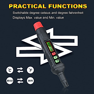 Portable Thermo-Hygrometer 4-in-1 Digital Psychrometer Mini Temperature Humidity Meter Pen Type Home Greenhouse Indoor Hygrometer with Dew Point & Wet Bulb Temperature, Max/Min, Backlight LCD Display