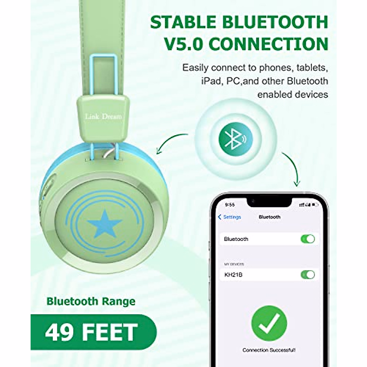 Link Dream Kids Wireless Headphones V5.0 Bluetooth Kids Headphones w/Mic 32H Playtime Soft Padded Stereo Childrens Headphones for Boys Girls School iPad Tablet Cellphons Laptop, Matcha Green