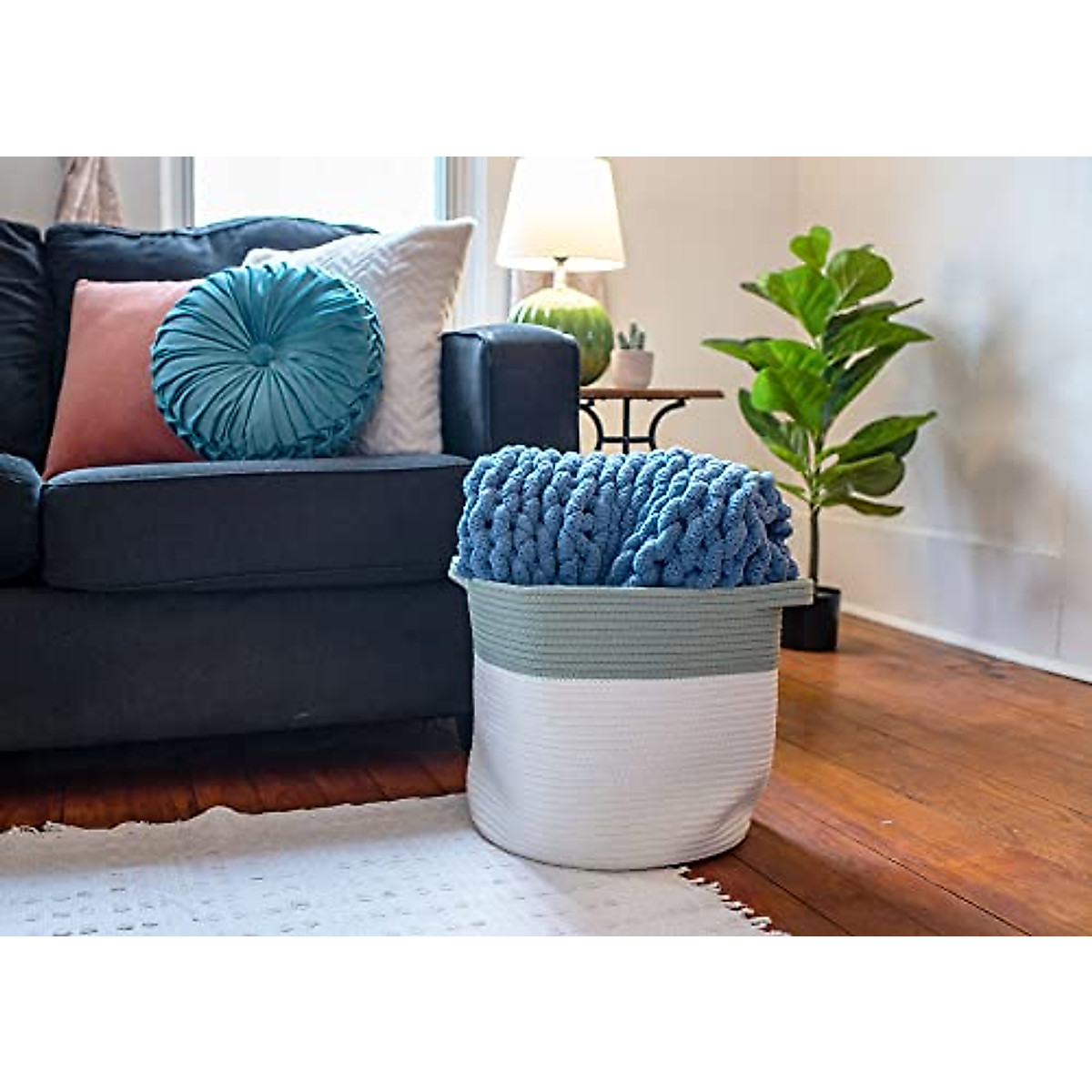 Nat & Jules 12 inch Flexible Woven Fabric Storage Basket: Organize Your Home Office, Linen Closet, Living Room Open Storage, or Soft Flexible Container, Two Tone Cream and Sage Green