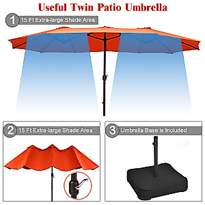 Tangkula 15 Ft Patio Double Sided Umbrella with Base, Extra Large Market Outdoor Twin Table Umbrella with Crank Handle