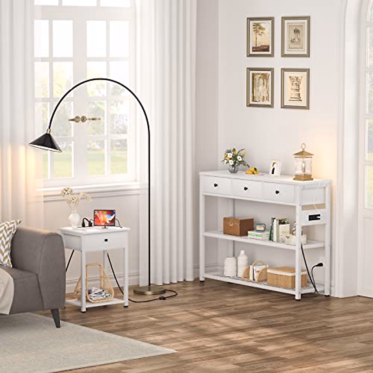 Ecoprsio Nightstand Set of 2 with Charging Station, White End Table Side Table with USB Ports, Wood Night Stand, White Bedside Table with Drawer and Shelf for Bedroom, Living Room, Sofa Couch, White