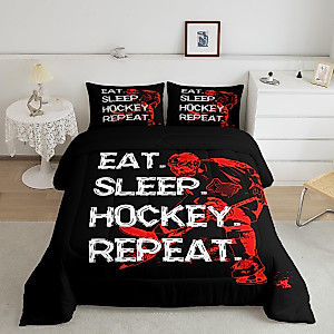 Hockey Comforter Twin for Kids Boys Teens,Black Red Grey Eat Sleep Hockey Bedding Set Warm,Ice Hockey Player Down Comforter Bedroom Decor,Graffiti Winter Sports Game Quilted Duvet with 1 Pillow Sham