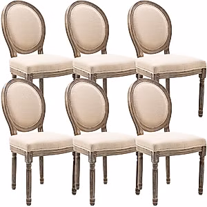 chairus Farmhouse Dining Chairs Set of 6, French Country Dining Room Chairs Vintage Fabric Upholstered Chair with Round Back Dark Wood Legs, Beige 6 PCS
