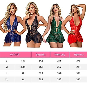 BLYOO Lingerie for Women Sexy Lace Bodysuit Halter V Neck One Piece Lingerie Babydoll (Red, Small)