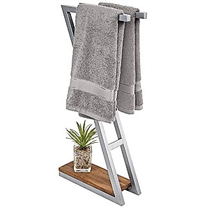 MyGift 2-Feet Tall Modern Z-Shaped Silver Tone Metal Dual Bar Towel Rack with Rustic Burnt Solid Wood Base, Free Standing Bathroom Laundry Room Holder Stand
