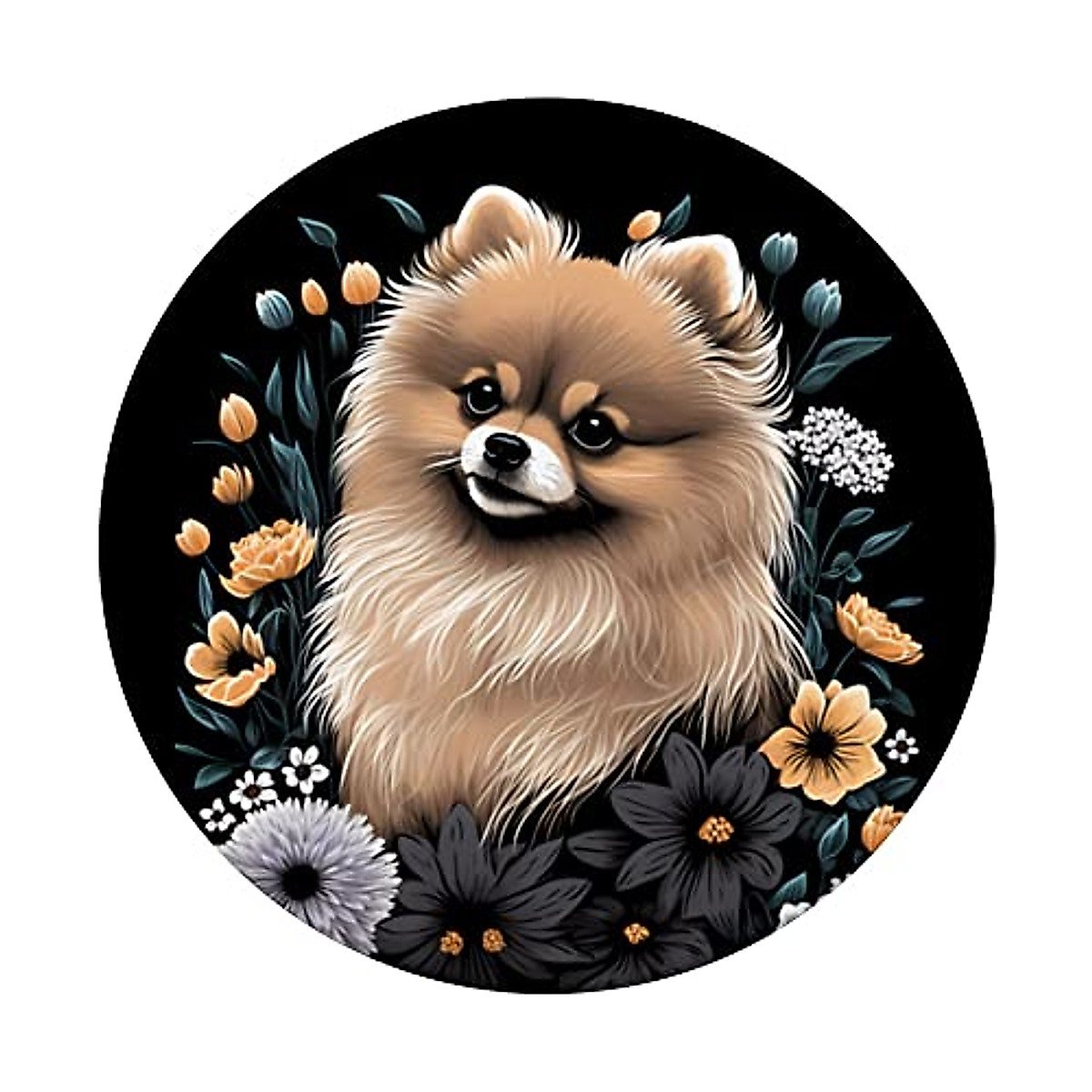 Pomeranian Puppy Dog with Flowers Floral Art Painting Black PopSockets Swappable PopGrip
