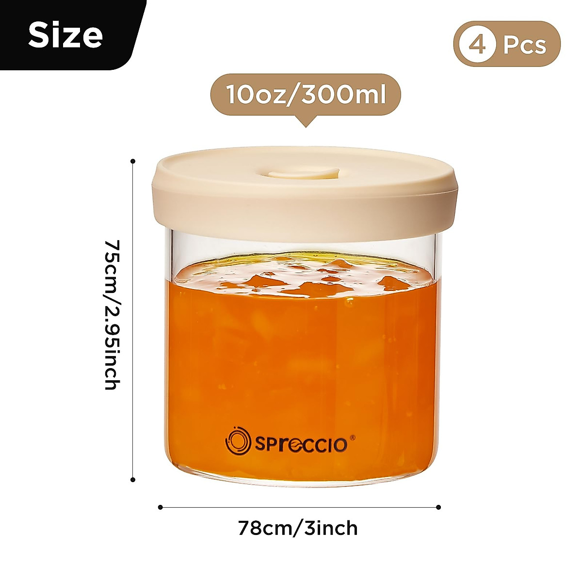 Spreccio Glass Food Jars - Airtight Dressing Containers with Lids, Perfect for Sauces, Overnight Oats, and Baby Food Storage, Small Glass Jars with Lids, 10oz Pack of 4