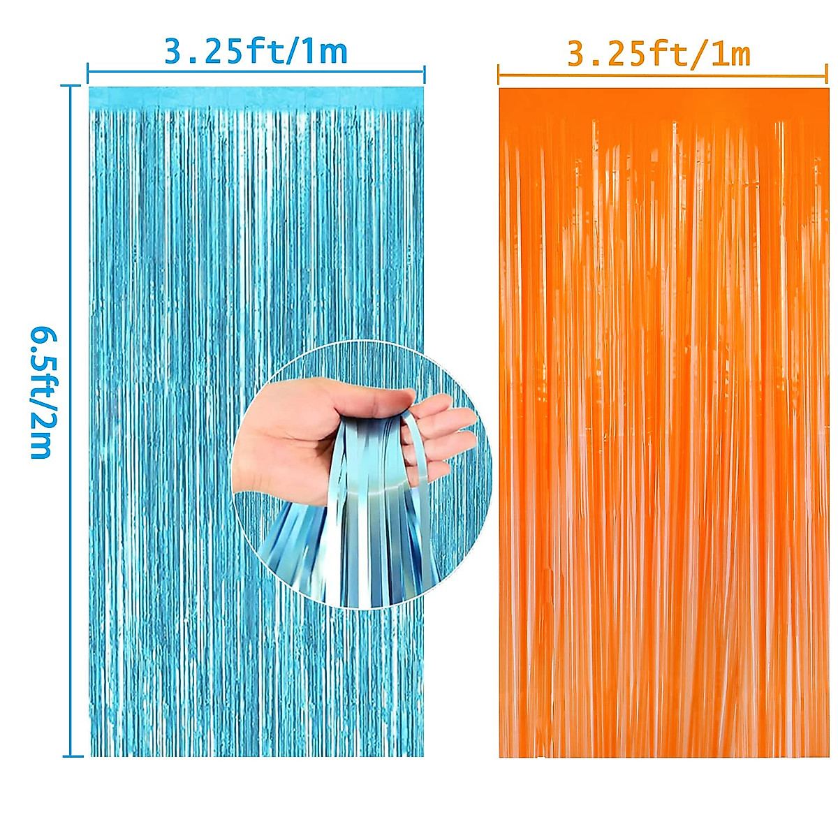 MIKIMIQI 2 Pack Blue Orange Foil Metallic Fringe Curtains for Party Decorations Blue Orange Curtain Backdrop Streamer for Birthday Party Dart War Party Supplies Party Decors, 3.25ft x 6.5ft x 2pcs