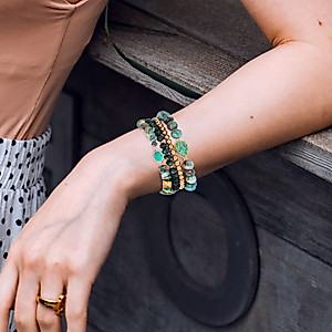 Bohemian African Turquoise Beaded Bracelets for Women, 4Pcs Stackable Natural Stones Stretch Bracelet Set with Charm, Multilayered Matte Turquoise Chips Beads Bracelets Handmade Boho Jewelry Gift