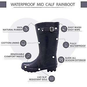 NORTY Women's Hurricane Rain Boots - Mid-Calf Length - Glossy Matte Waterproof Rubber Shoes - Matte Navy Size 9