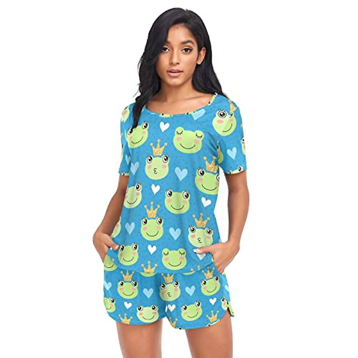 UMIRIKO Cute Funny Frog Heart Womens Pajama Sets, Soft Short Sets Women 2 Piece Pajama Sets, Size L 21330291