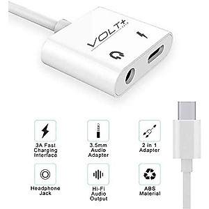 VOLT PLUS TECH USB C to 3.5mm Headphone Jack Audio Aux & C-Type Fast Charging Adapter Compatible with Microsoft Surface Book 2/Book 3/Pro X/Go 2/Pro 7and Many More Devices with C-Port