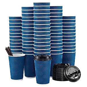 SIUQ 80 Pack 16 oz Disposable Coffee Cups with Lids and Straws, Insulated Ripple Wall To Go Paper Coffee Cups for Coffee, Hot Chocolate and Hot Tea Drinks - Navy
