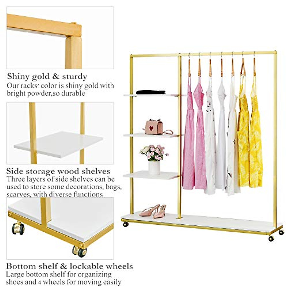 BOSURU Rolling Gold Clothing Racks on Wheels with Metal Pipes Modern Floor Standing Clothes Display Racks Hanging Clothes 4-Tier Garment Rack with Wood Shelves for Bedroom Living Room Cloth Store 59"